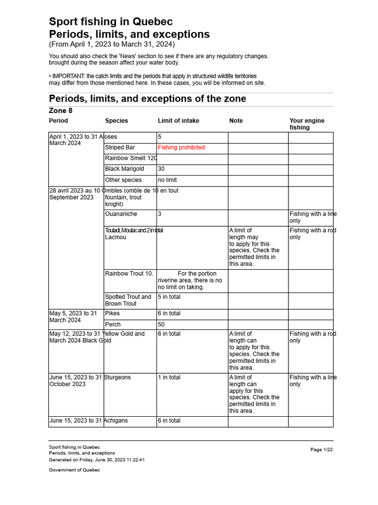 Quebec Sport Fishing Regulations 2023-2024 | PDF | Fish | Fish And Humans