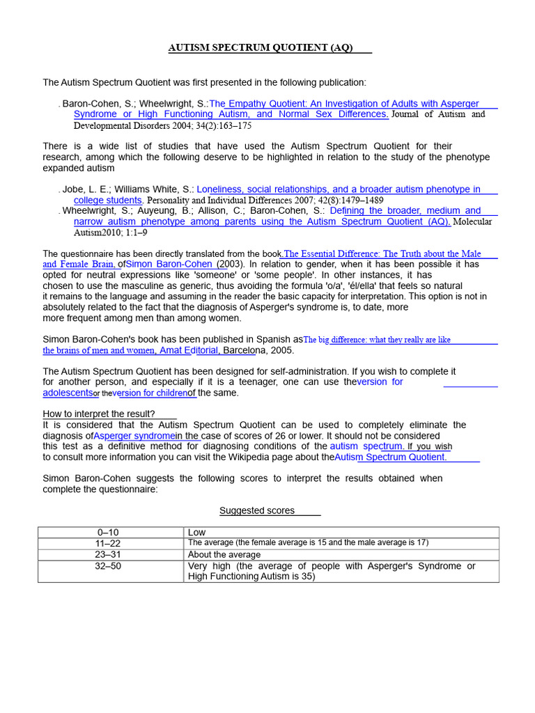 Autism Spectrum Quotient (AQ) | PDF | Autism | Asperger Syndrome