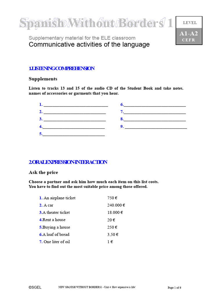 Spanish A1-A2 Unit 4: Cost of Living Activities | PDF | Syntax | Human ...