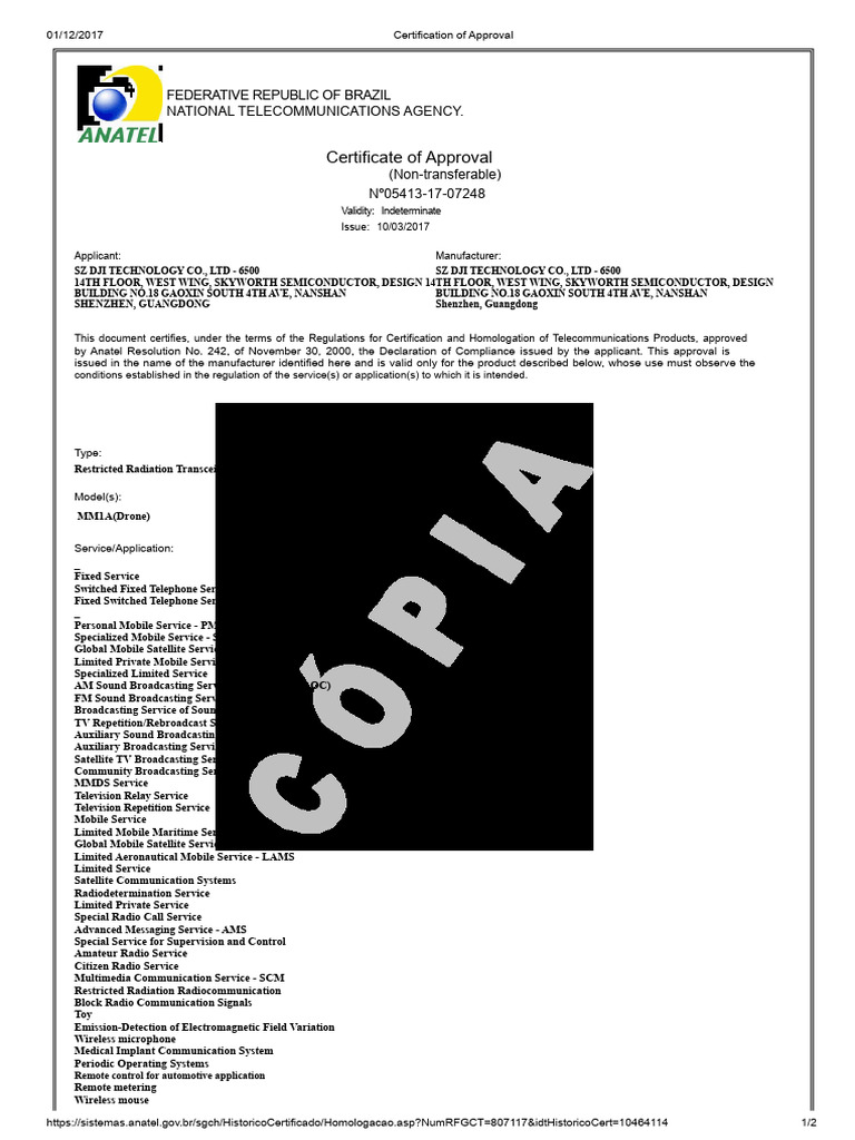 Brazil Anatel Approval Certificate for Drone | PDF | Wireless | Radio