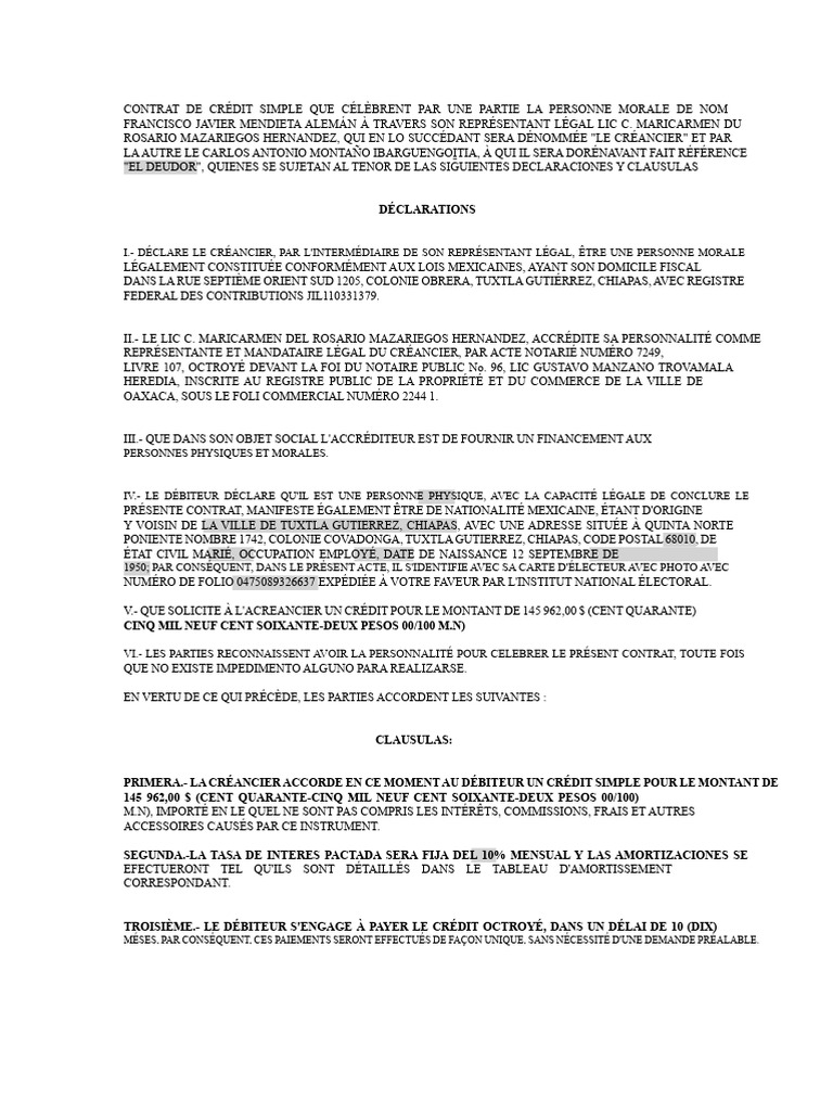 Contrat de Crédit Simple au Mexique | PDF | Crédit | Finance et gestion ...