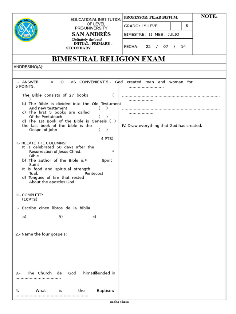 Bimonthly Religion Exam Format | PDF