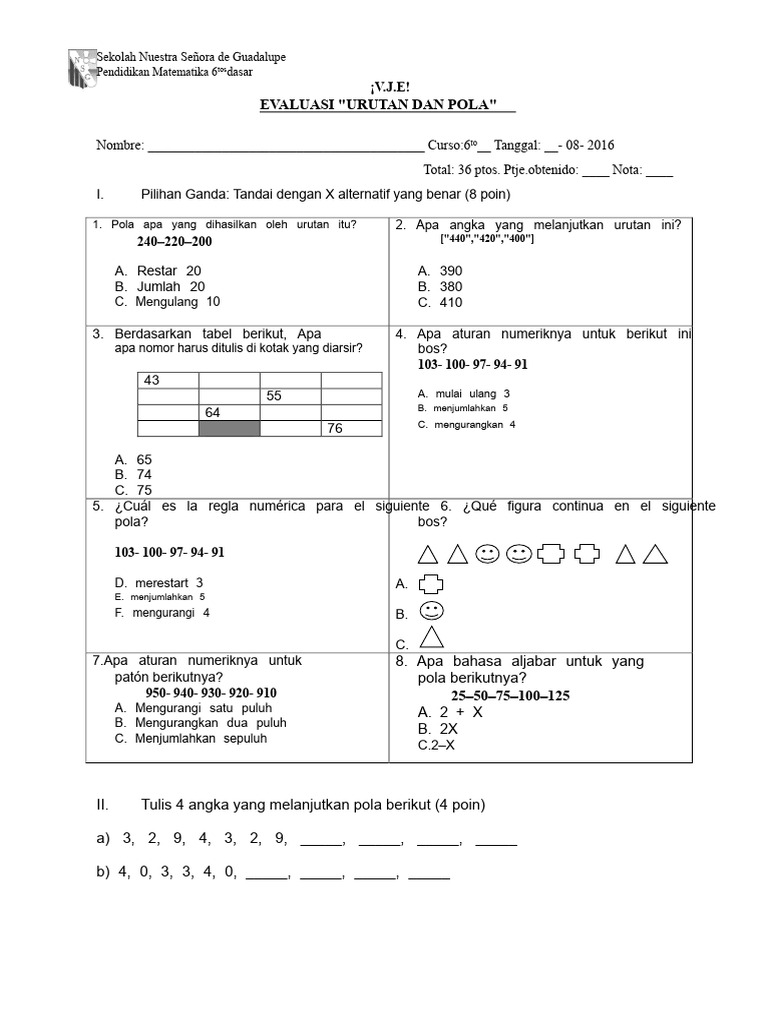 Evaluasi Pola dan Urutan Matematika 6 | PDF