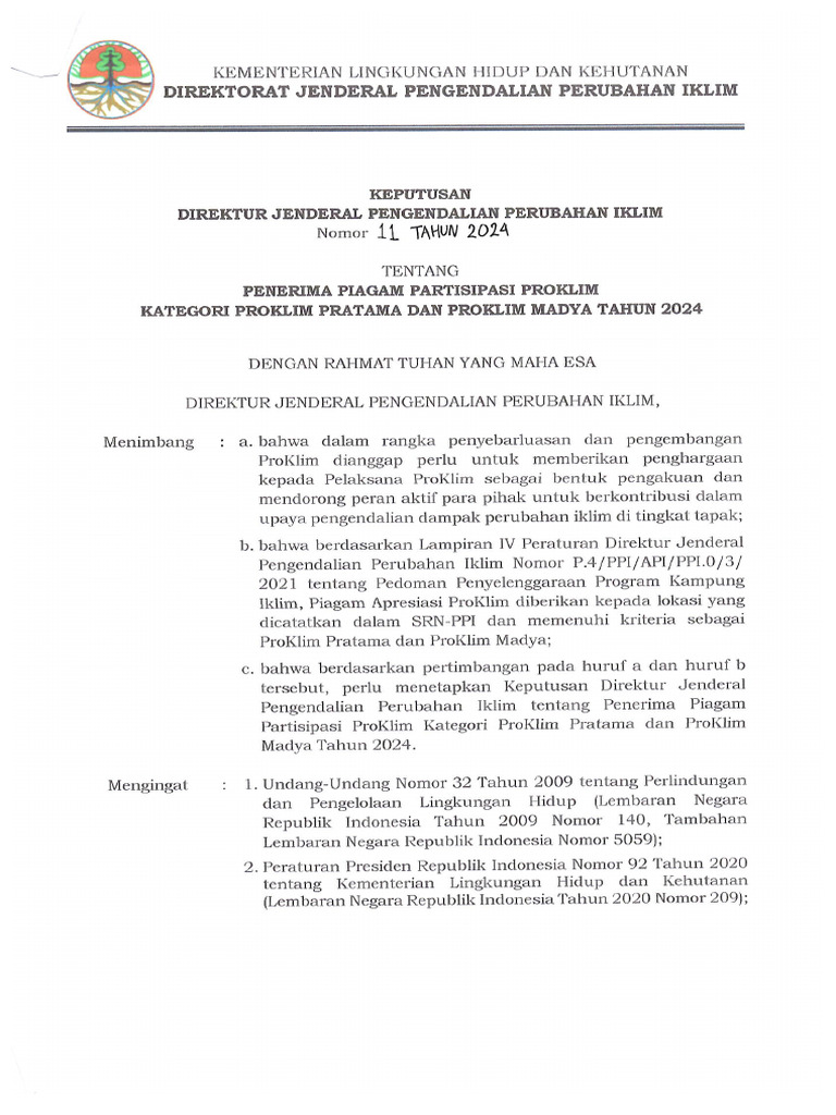 SK Penerima Penghargaan ProKlim Pratama Dan Madya 2024 | PDF