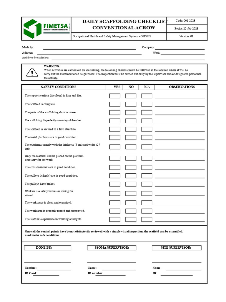 ACROW Scaffold Checklist | PDF