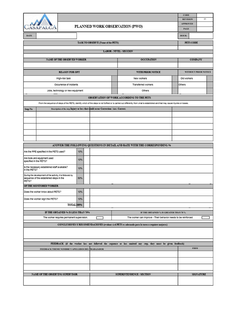 Planned Task Observation Format (OPT) v.1 | PDF | Personal Protective ...