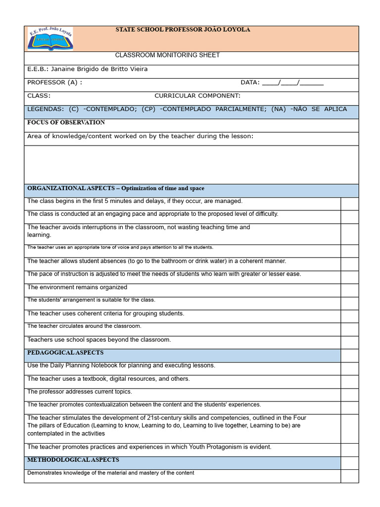 Classroom Monitoring Sheet Template | PDF | Teachers | Lesson Plan
