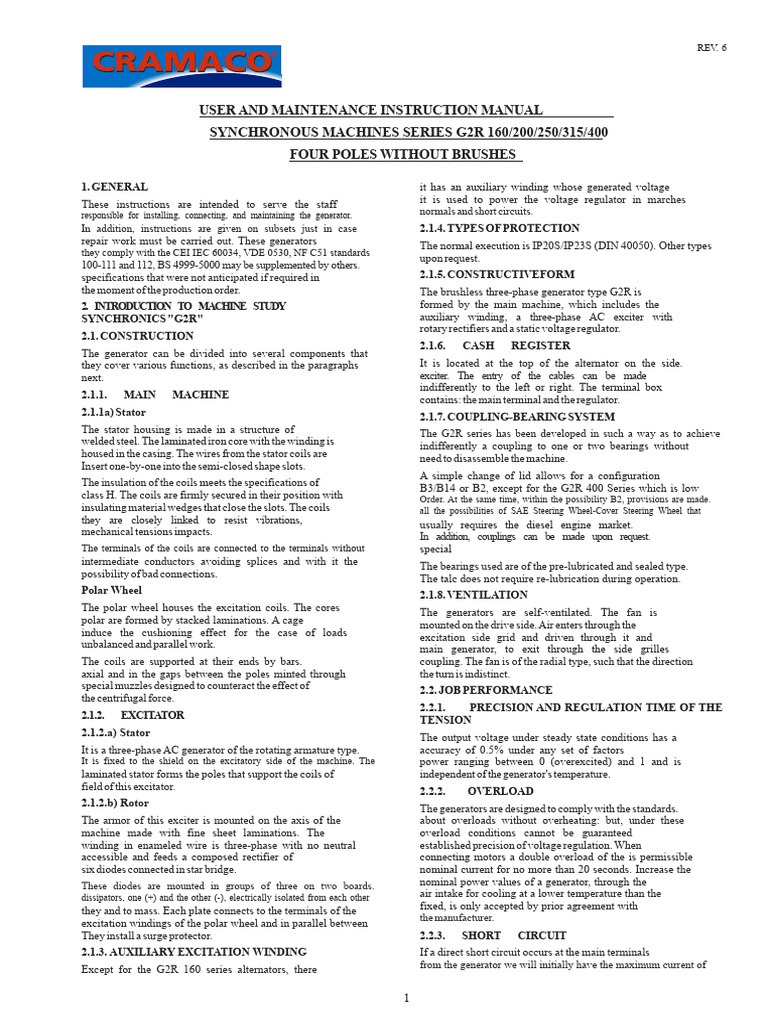 Cramaco G2R 315 MB-4 Manual | PDF | Electric Generator | Electric Motor