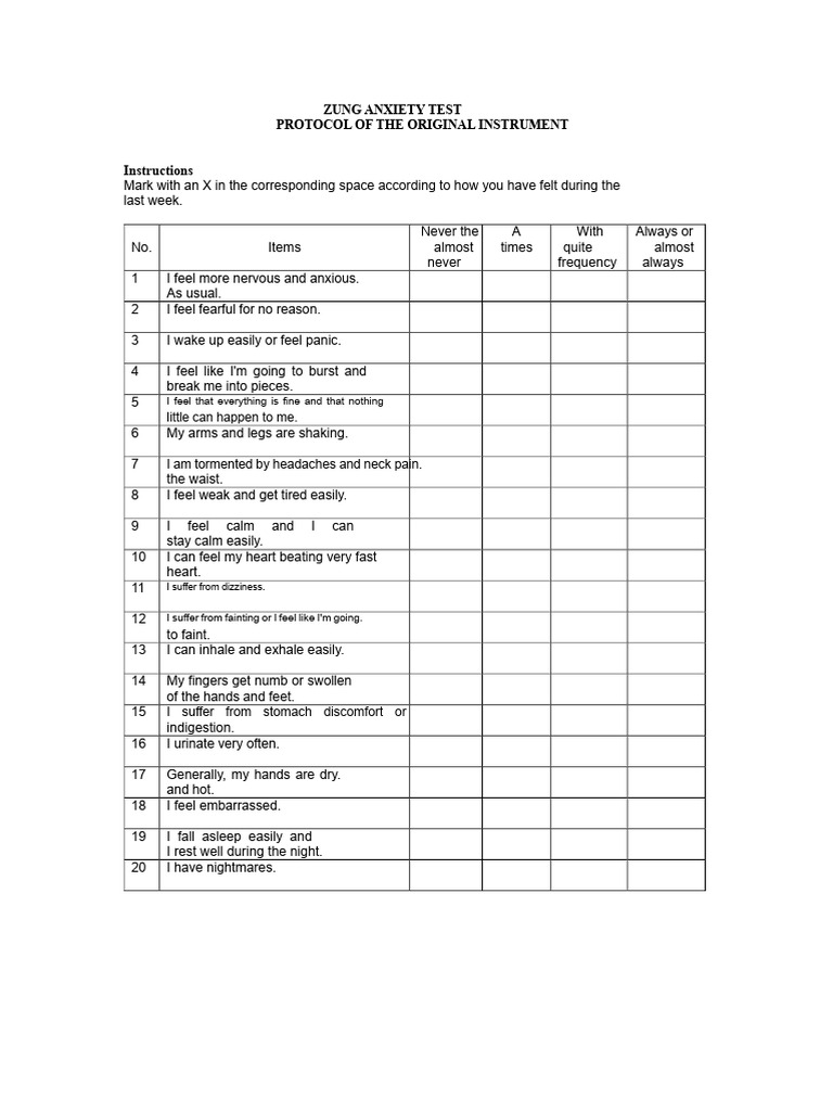 Zung Anxiety Test Protocol | PDF | Anxiety | Diseases And Disorders