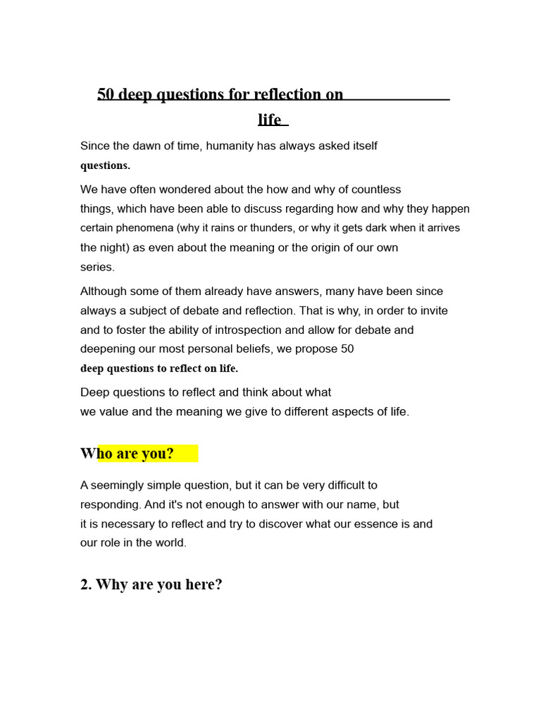 50 Deep Questions To Reflect On Life | PDF | Intention | Reason