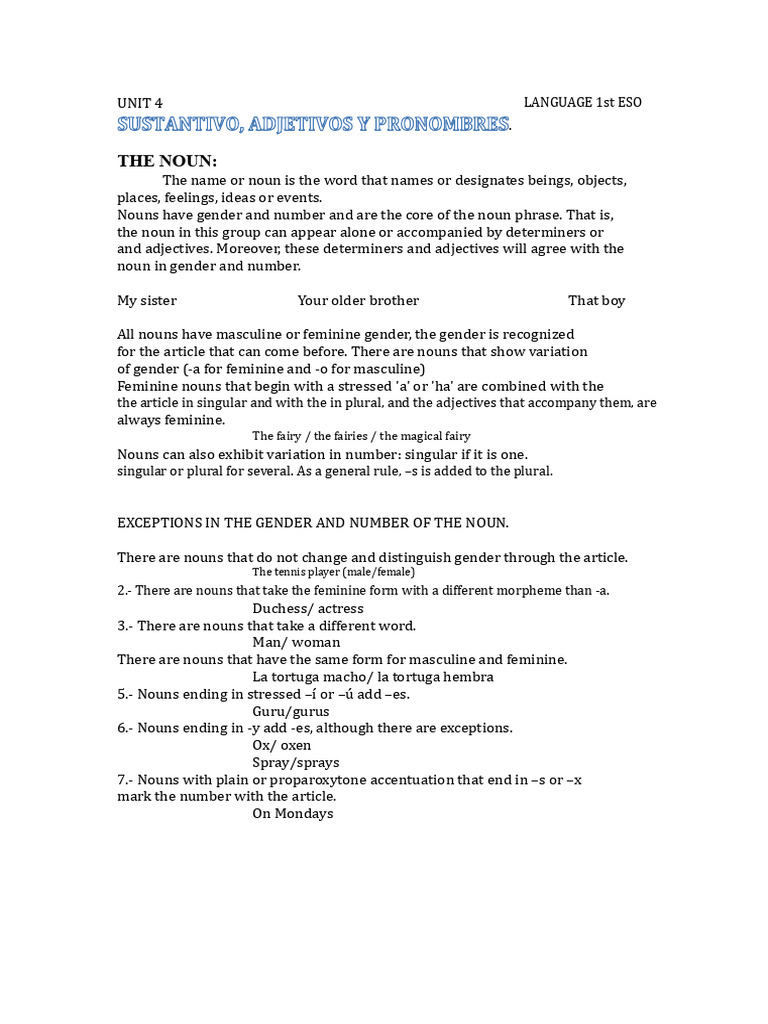 Unit 4 Language 1st Year of Secondary Education | PDF | Grammatical ...