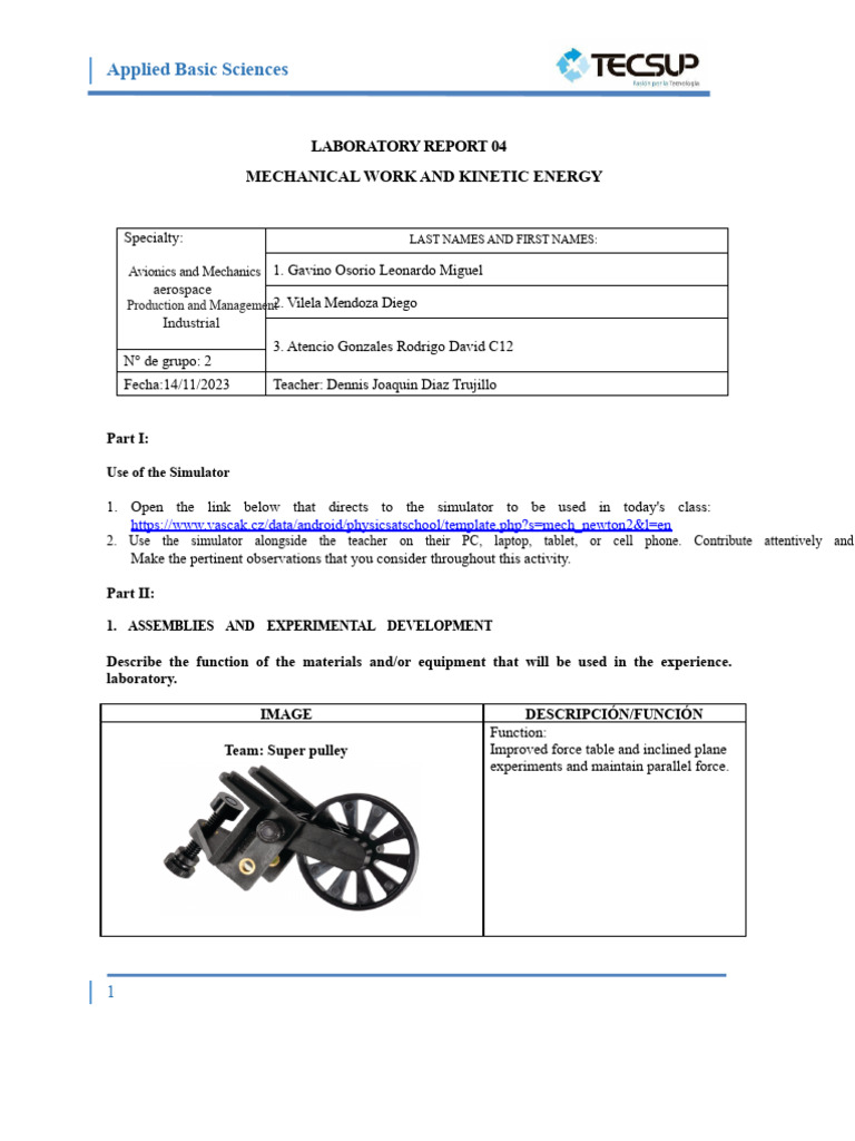 Applied Basic Sciences: Laboratory Report 04 Mechanical Work and ...