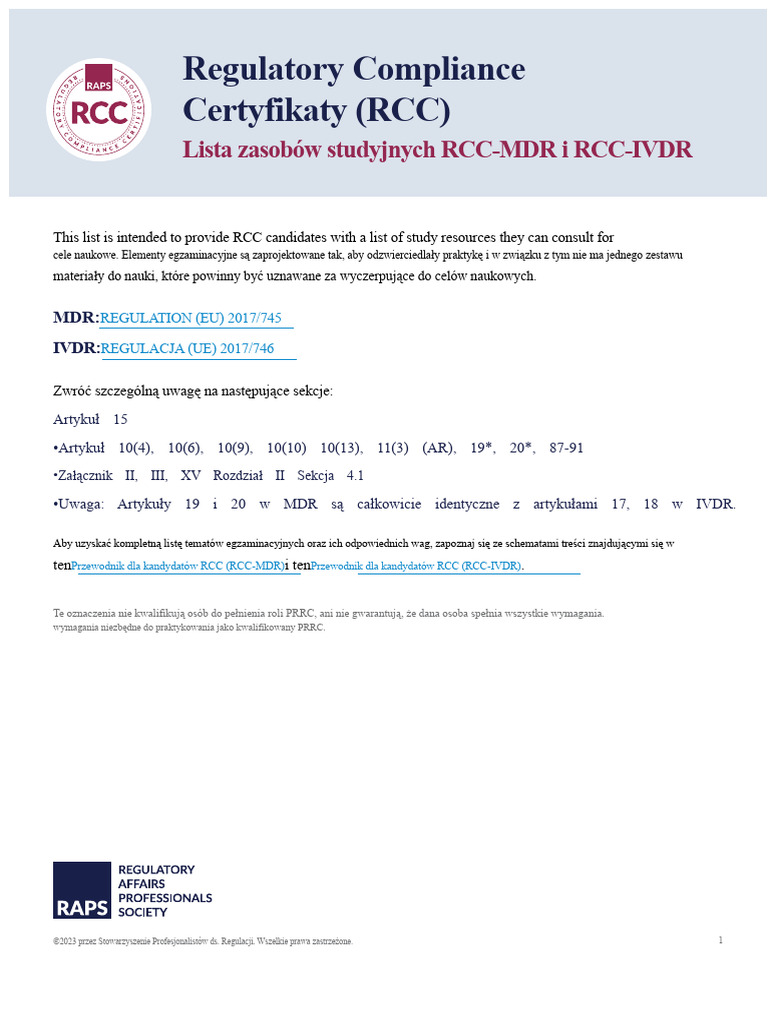 Lista zasobów do nauki RAPS RCC | PDF