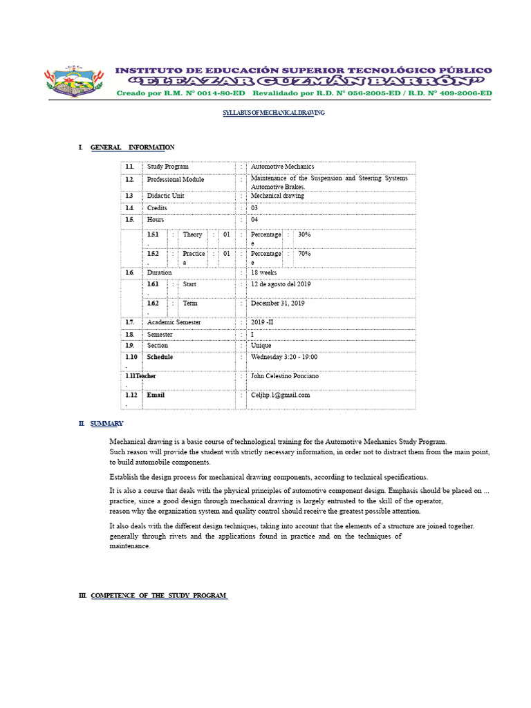 Mechanical Drawing Syllabus for Automotive | PDF | Annotation ...