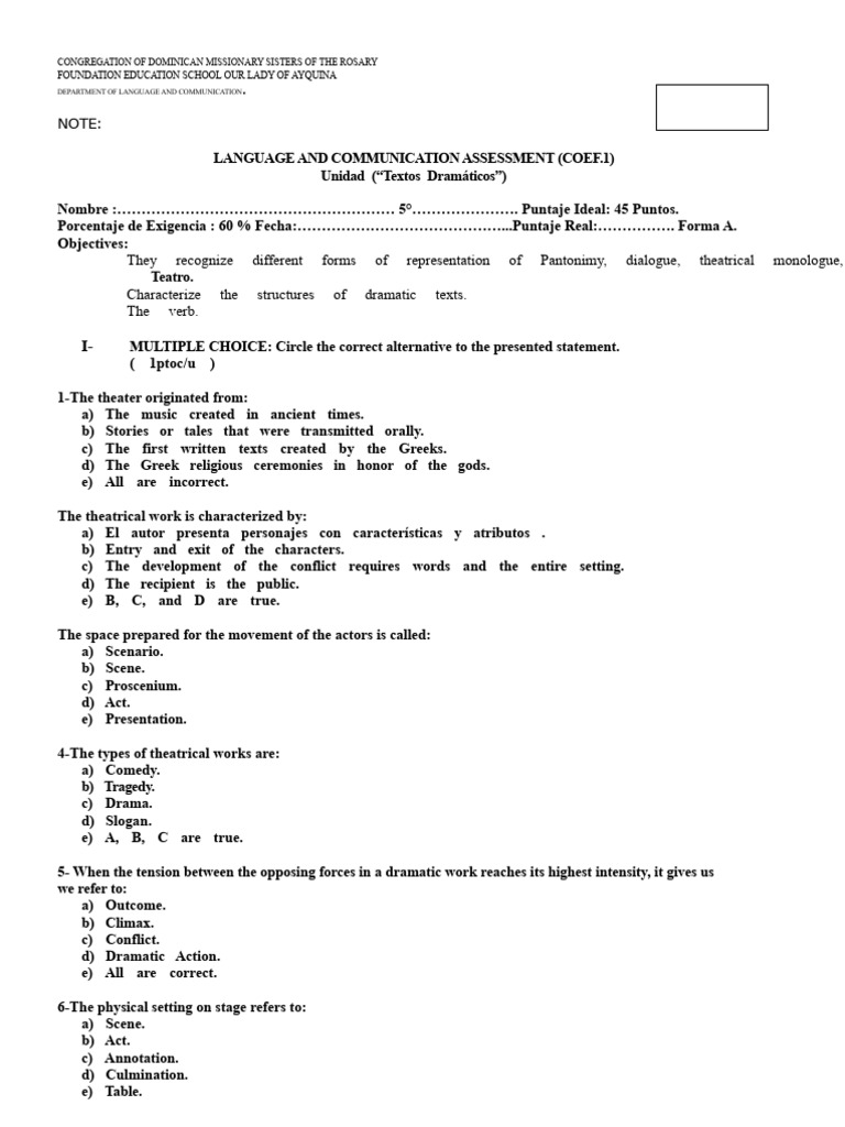 Test Language Dramatic Texts | PDF | Theatre | Multiple Choice