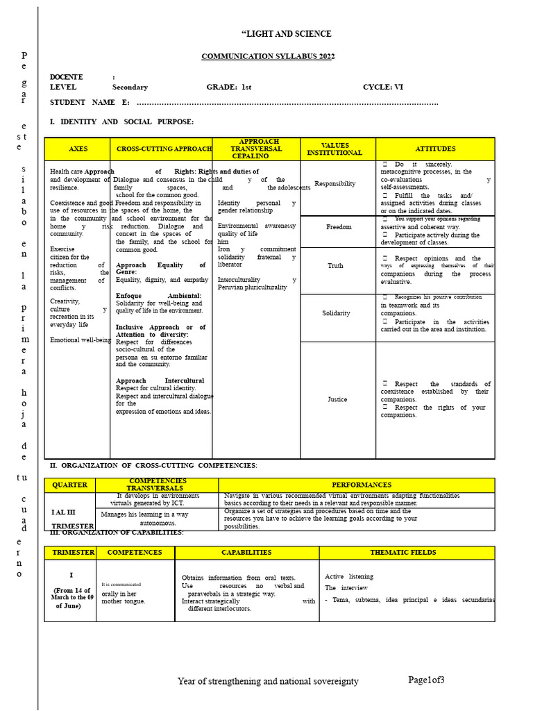 Syllabus For Communication 1st Year of Secondary School | PDF | Well ...