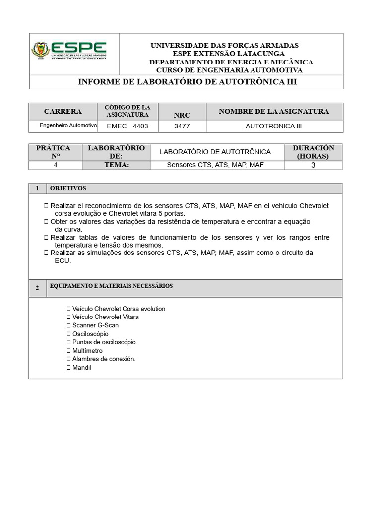Relatório Sensores ECT, MAP, MAF, ATS.pdf | PDF | Motores | Rede elétrica
