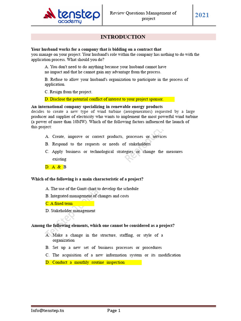 Correction_QCM_PM_Knowledge_Areas_Sfayhi_BHA_2021 | PDF | Project ...