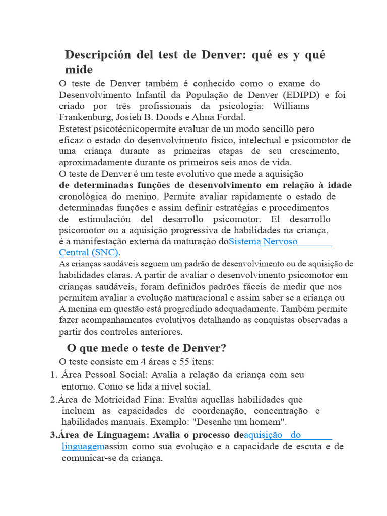 Teste de Denver: Avaliação do Desenvolvimento Infantil | PDF ...