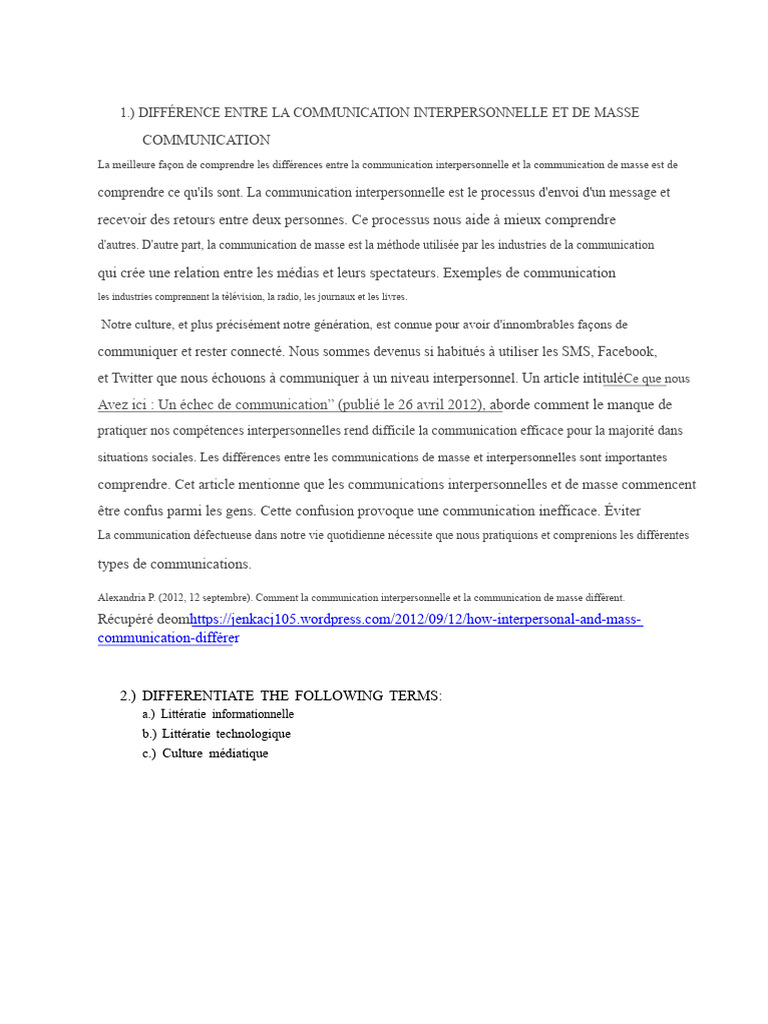 Différences entre communication interpersonnelle et de masse | PDF | l ...