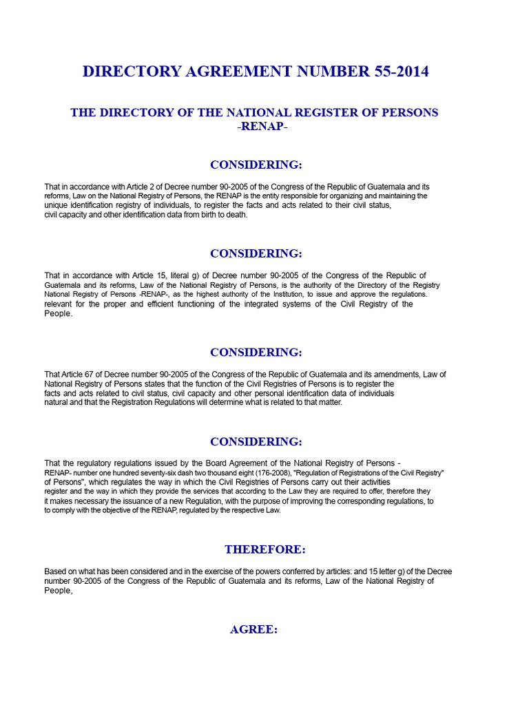 AGREEMENT 55-2014 (Regulation On Renap Registrations) | PDF | Birth Certificate | Identity Document
