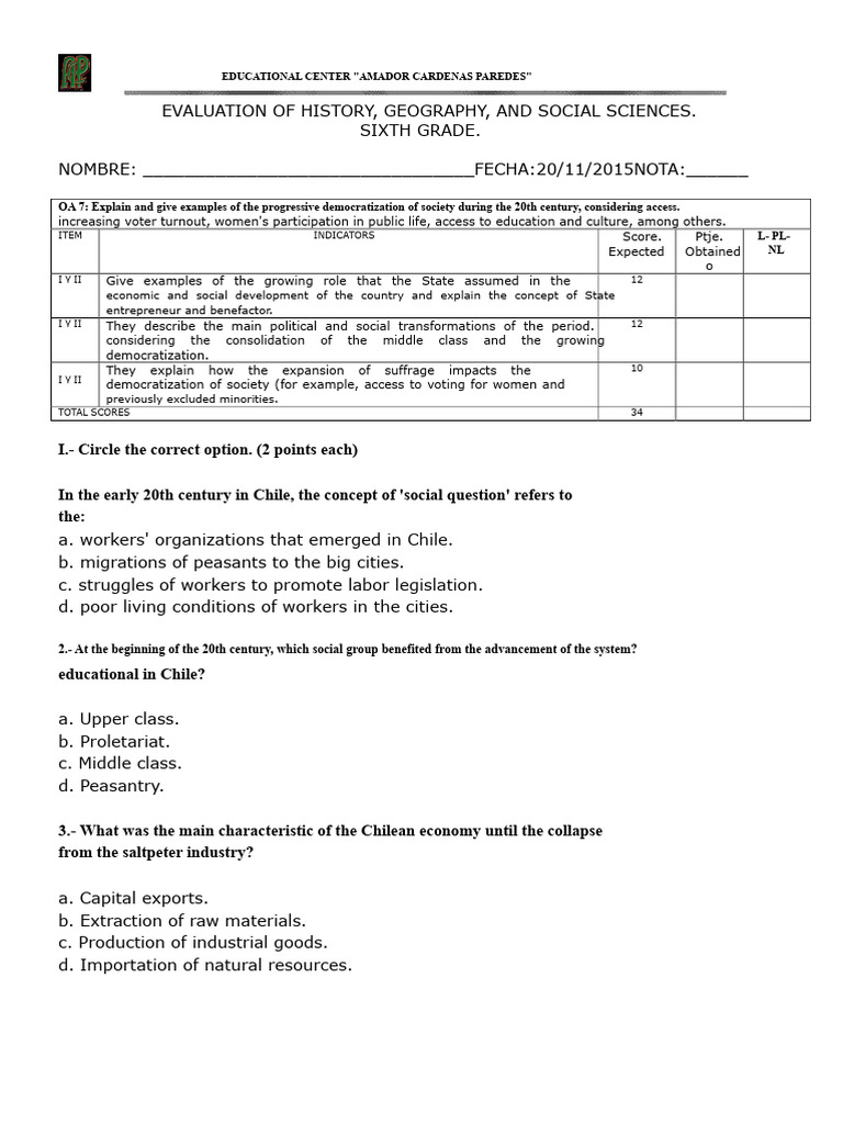 Evaluation Chile at The Beginning of The 20TH Century 6TH Grade | PDF ...