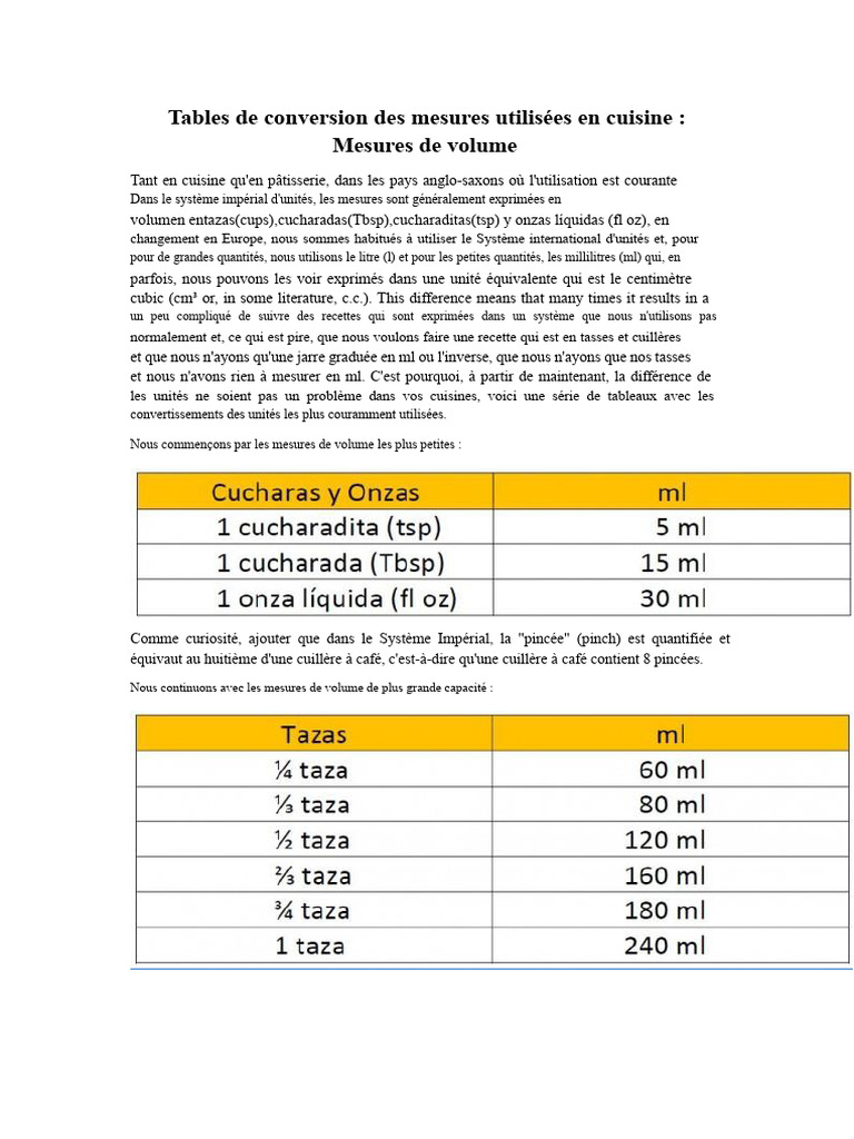 Conversion des mesures en cuisine | PDF | Système international d ...