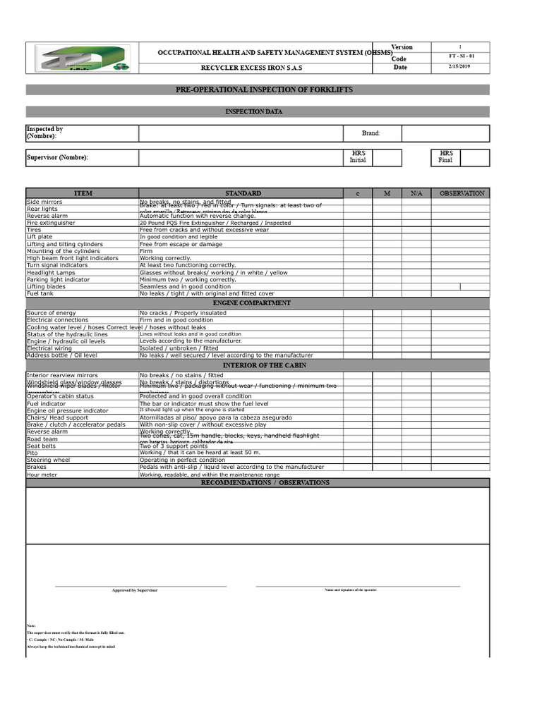 Pre-Operational Inspection Format For Forklift | PDF | Forklift | Headlamp