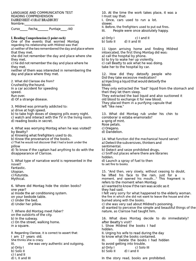 Fahrenheit 451 Reading Comprehension Test | PDF