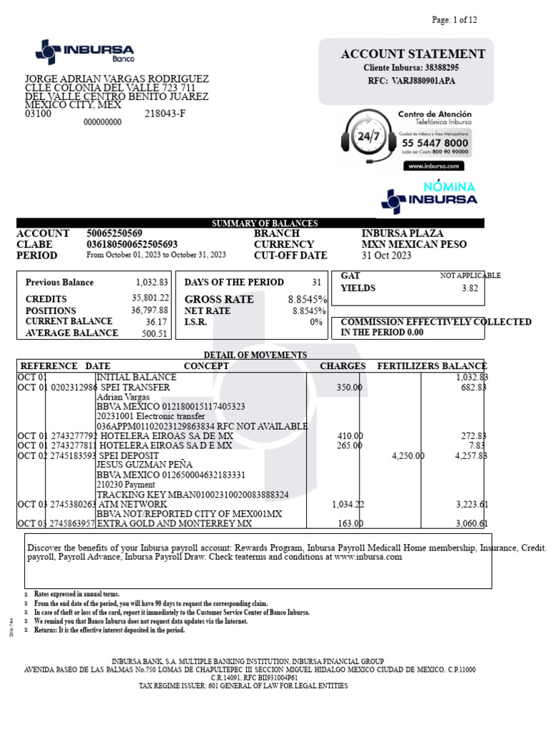 Inbursa Account Statement Summary | PDF | Mexico City | Mexican Peso