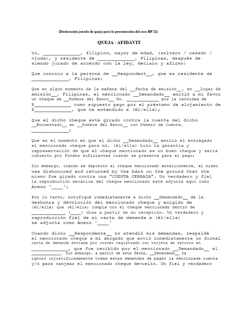 Declaración Jurada de Queja para la Presentación de un Caso BP 22.docx | PDF | Cheque