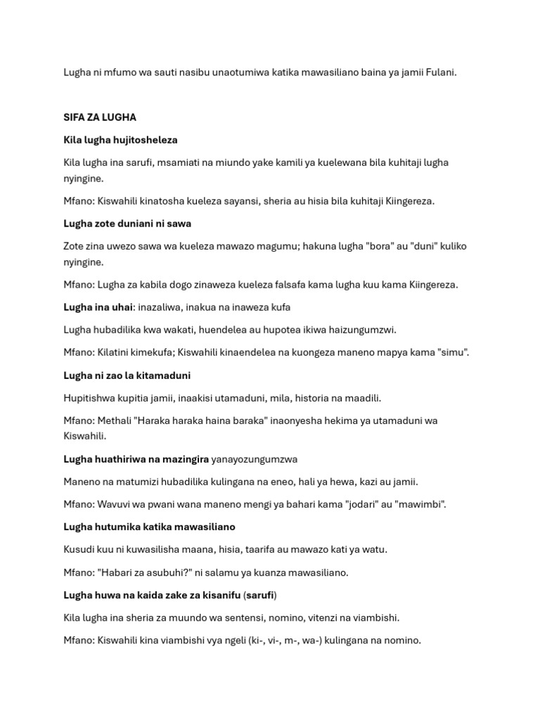 Sifa ZA Lugha Kila Lugha Hujitosheleza | PDF