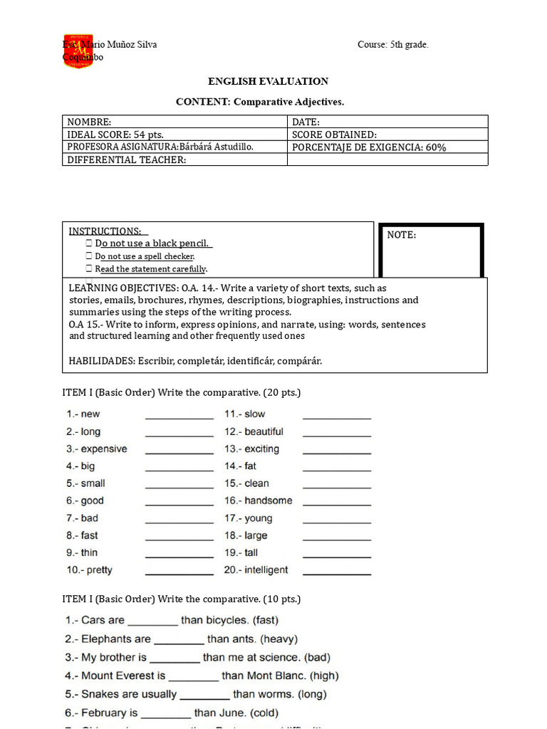 English Assessment Comparative Adjectives Fifth | PDF
