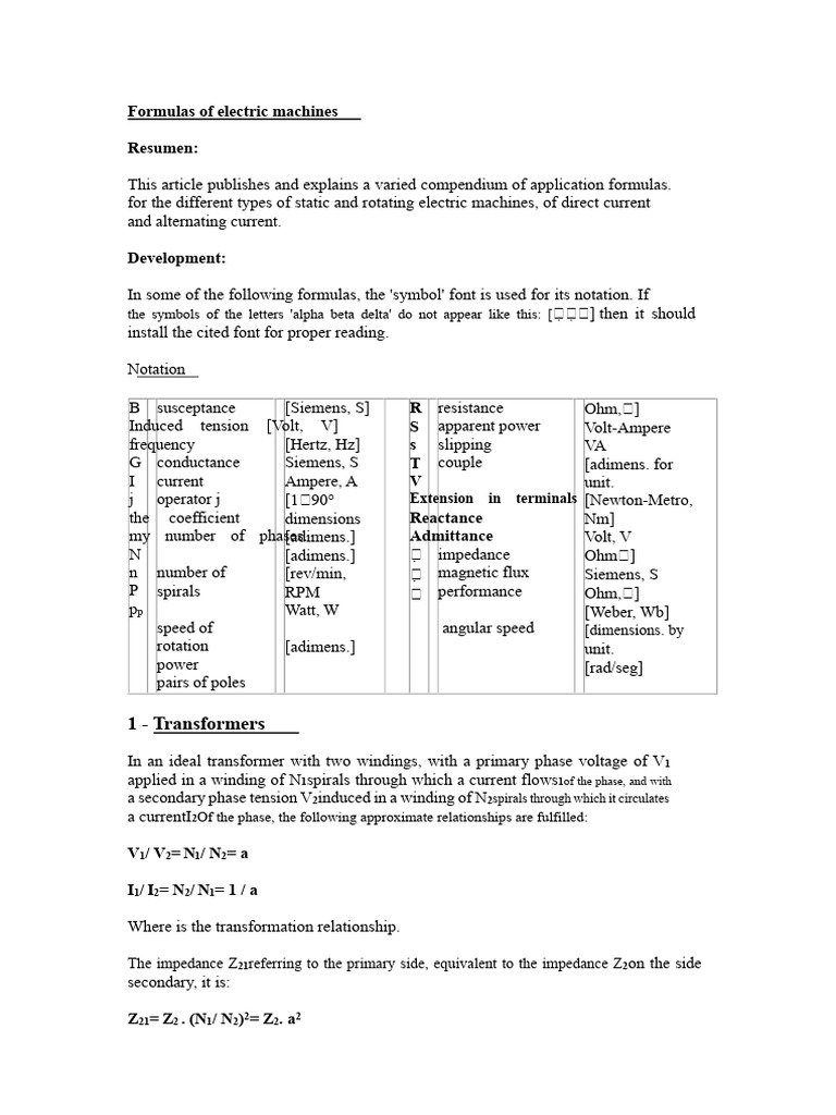 Formulas of Electric Machines | PDF | Transformer | Electrical Impedance