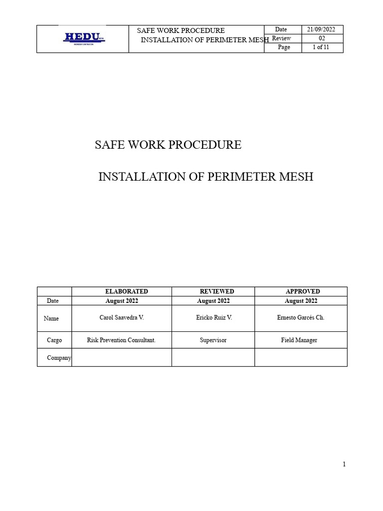 Safe Work Procedure for Perimeter Mesh Installation | PDF | Welding ...
