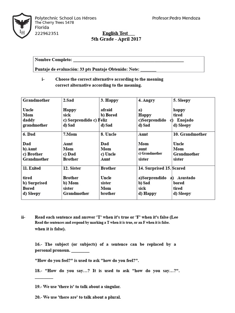 1st English Evaluation 5th Grade. UNIT 1 | PDF | Vocabulary ...