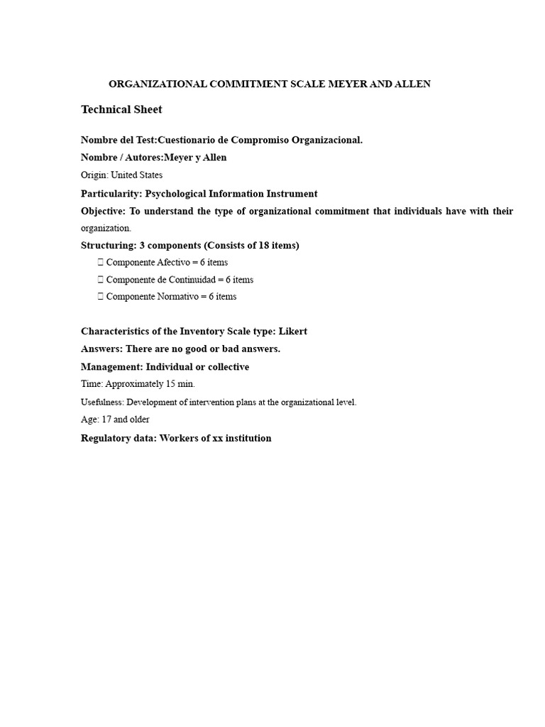 Meyer-Allen Organizational Commitment Test | PDF | Likert Scale ...