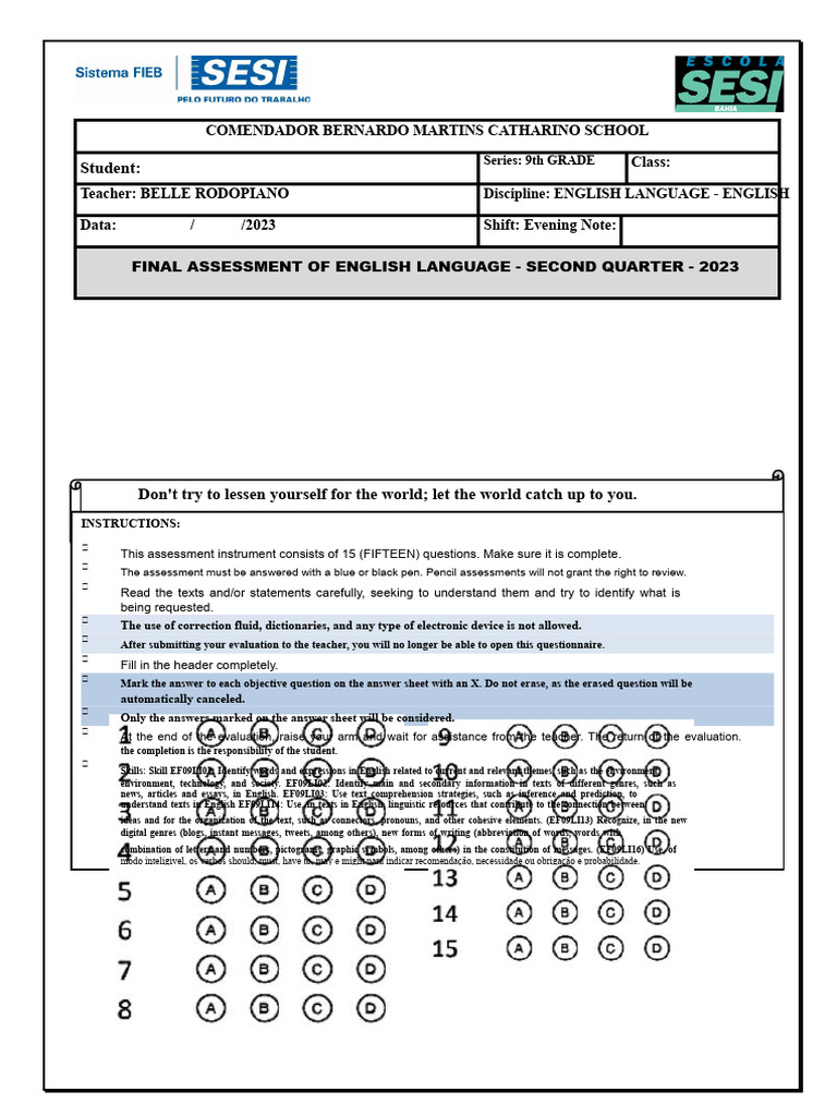 9th Grade - Partial English Assessment - 2nd Trimester - 2023 | PDF ...