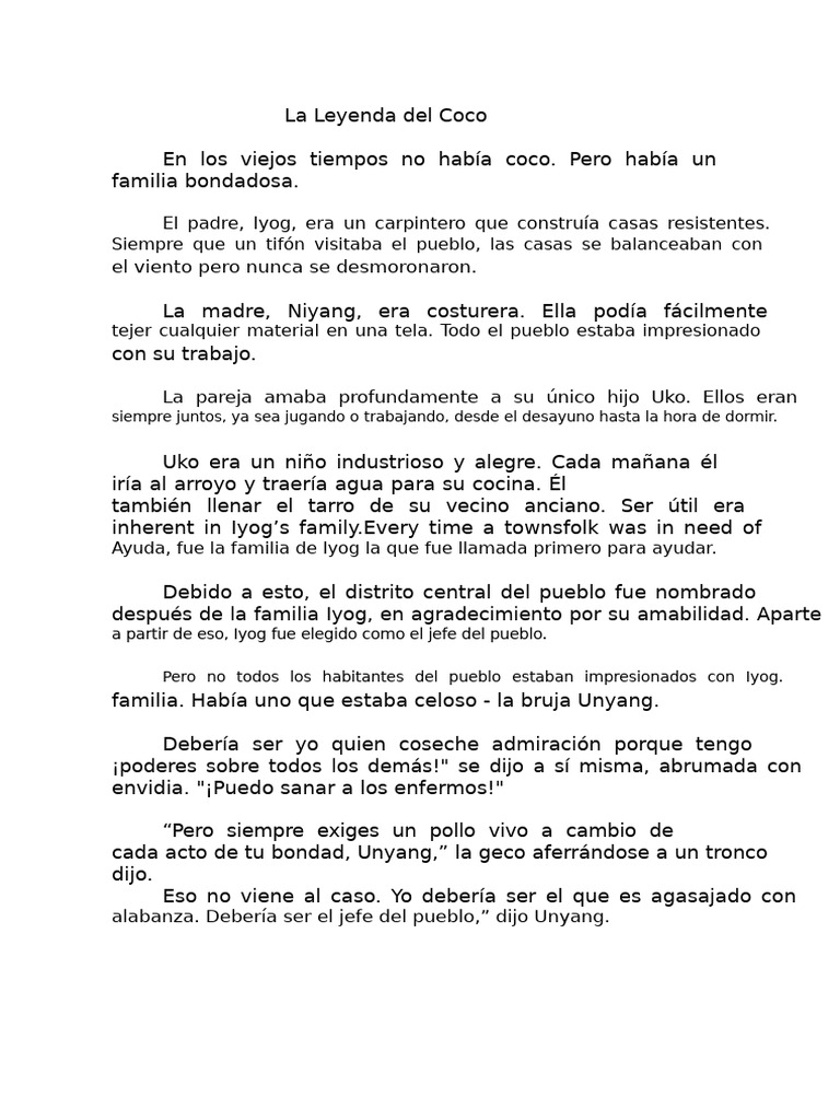 La leyenda del coco y la bondad de Iyog | PDF