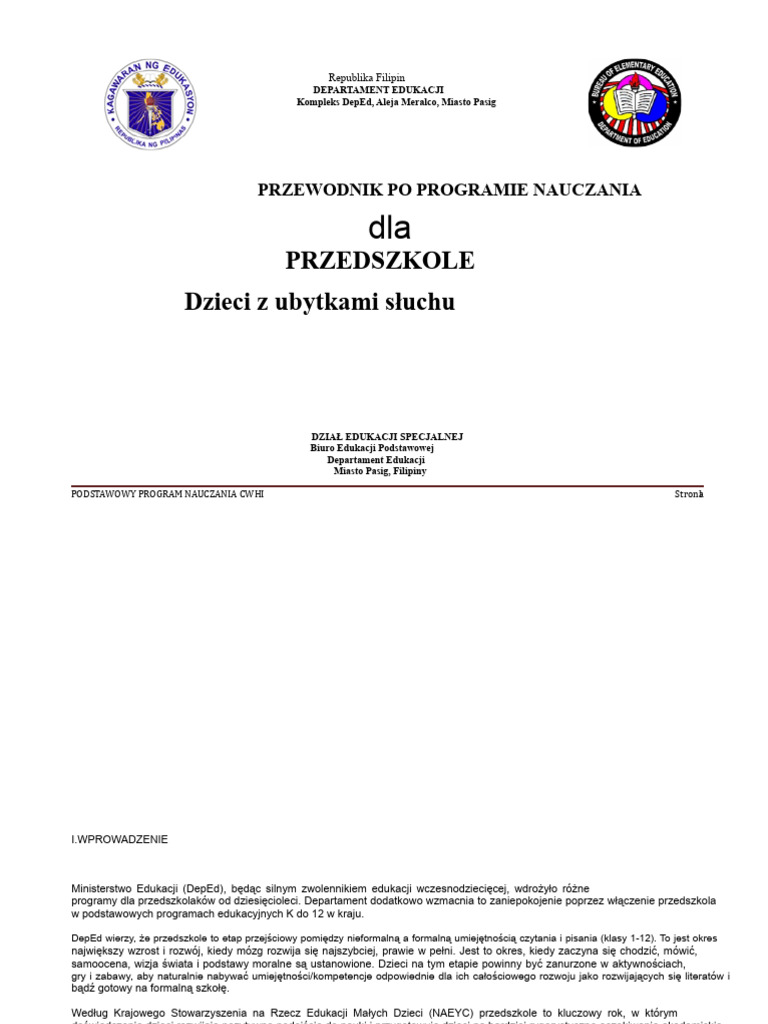 Przewodnik Po Programie Nauczania Dla Dzieci Z Wadami Słuchu | PDF