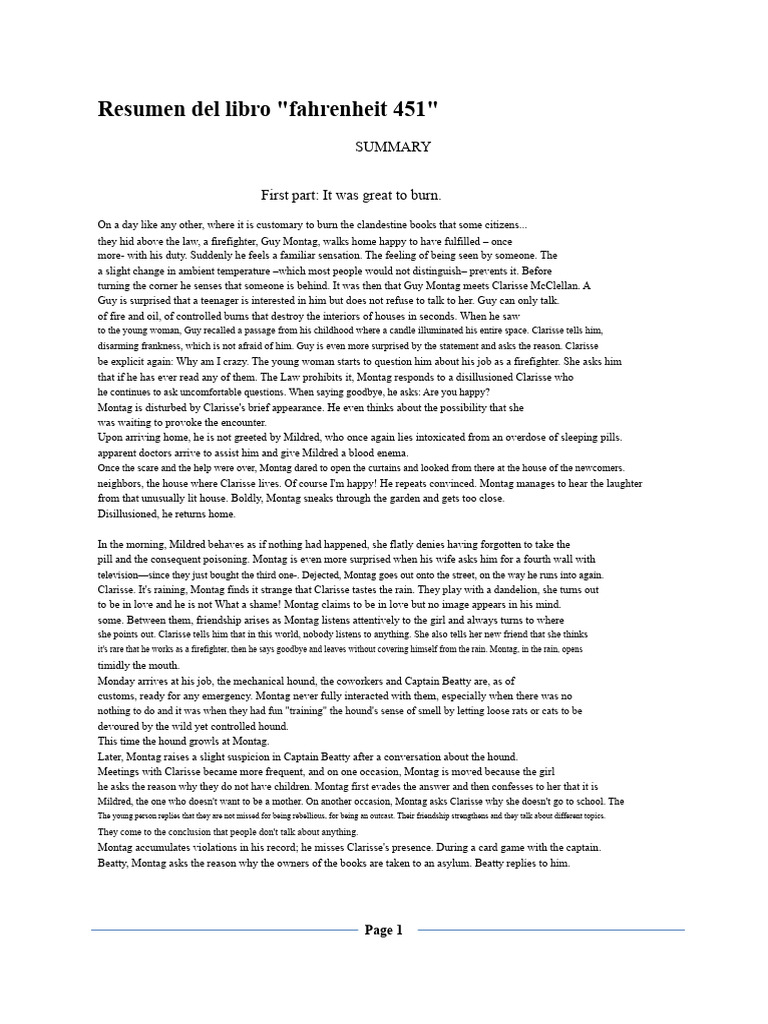 Summary of The Book Fahrenheit 451 | PDF