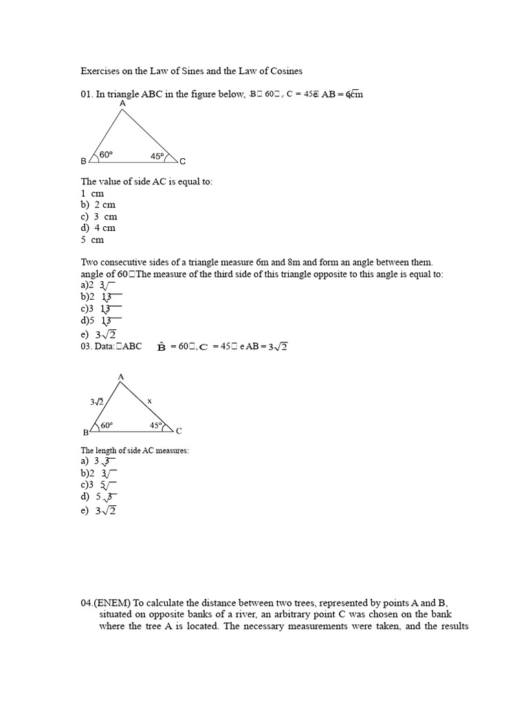 Review Exercises On The Law of Sines and The Law of Cosines | PDF