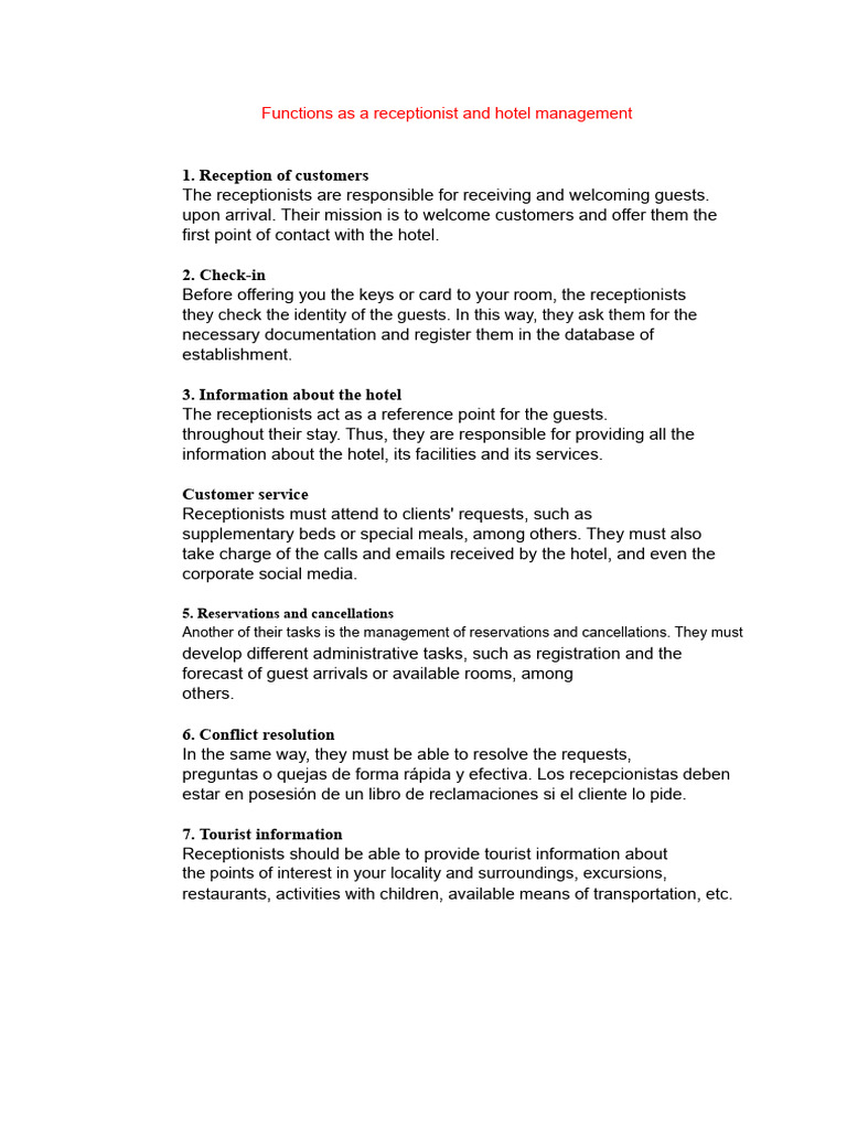 Functions As A Receptionist and Hotel Management | PDF | Business