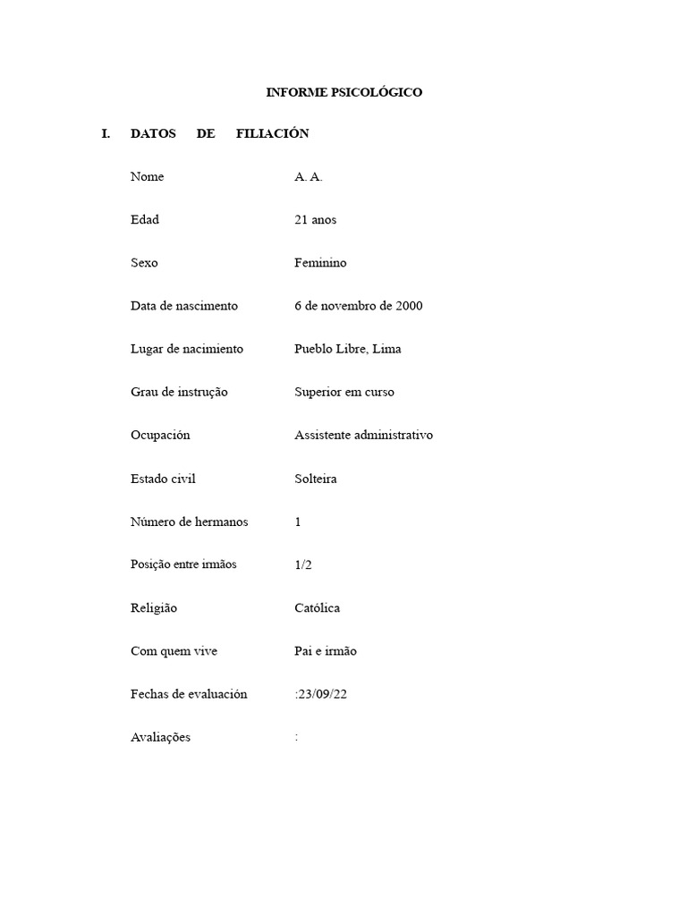 Modelo de RELATÓRIO PSICOLÓGICO | PDF | Ansiedade | Psicologia