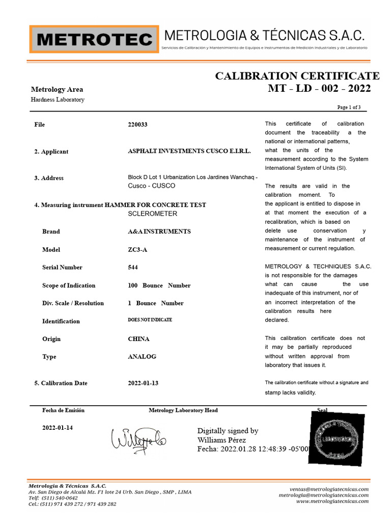 Calibration Certificate for Sclerometer | PDF | Calibration | Metrology