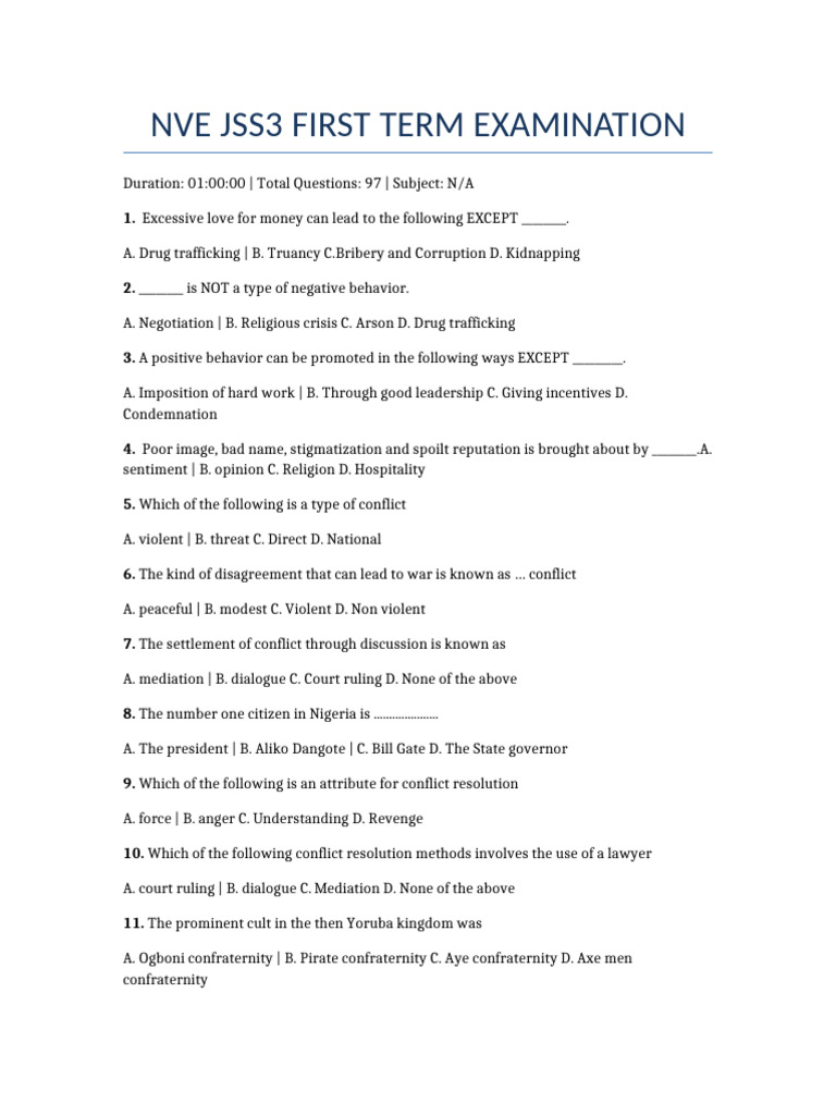 Nve Jss3 First Term Examination 2025 | PDF | Nigeria | Human Trafficking