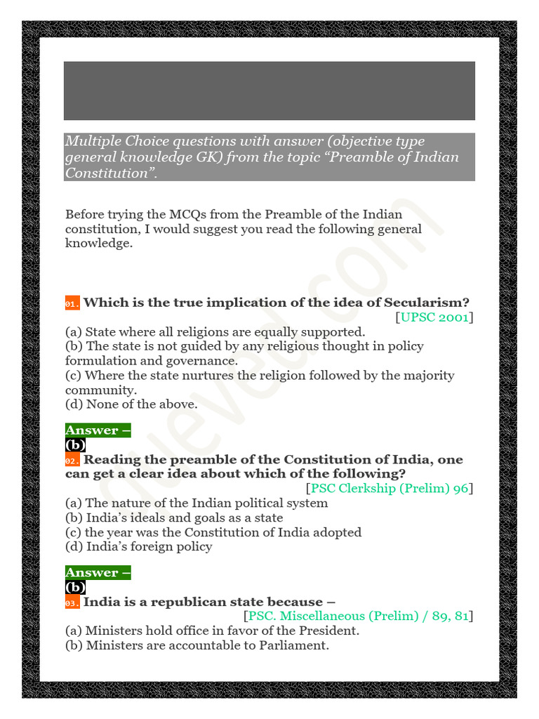 MCQs Preamble | PDF | Legal Documents | Justice