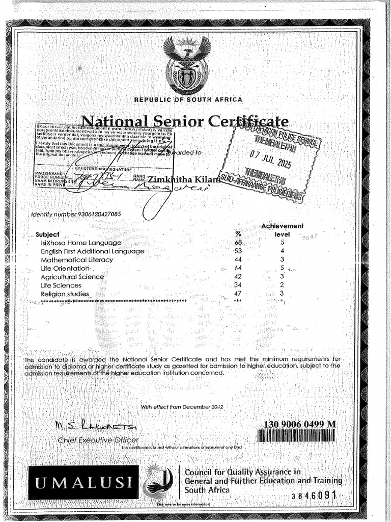 Matric Certificate - Miss Zimkhitha Kilani | PDF