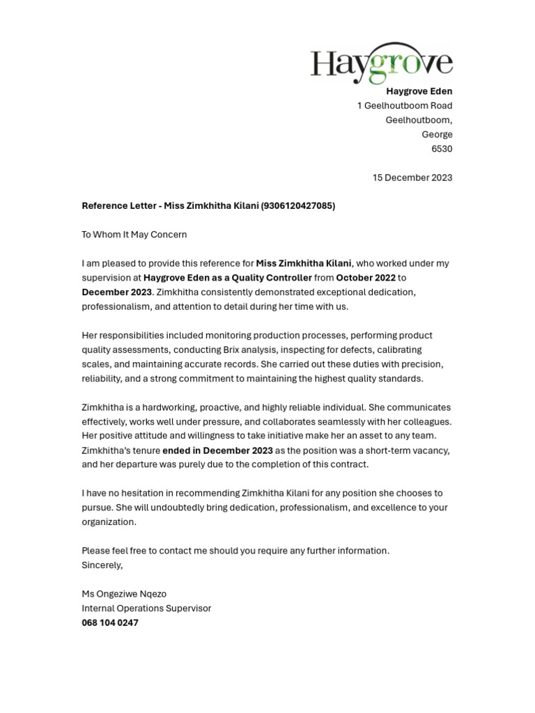 Ref Letter Miss ZKalini QC | PDF