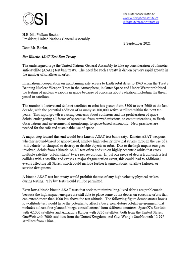 OSI International Open Letter ASATs PUBLIC | PDF | Space Debris | Satellite